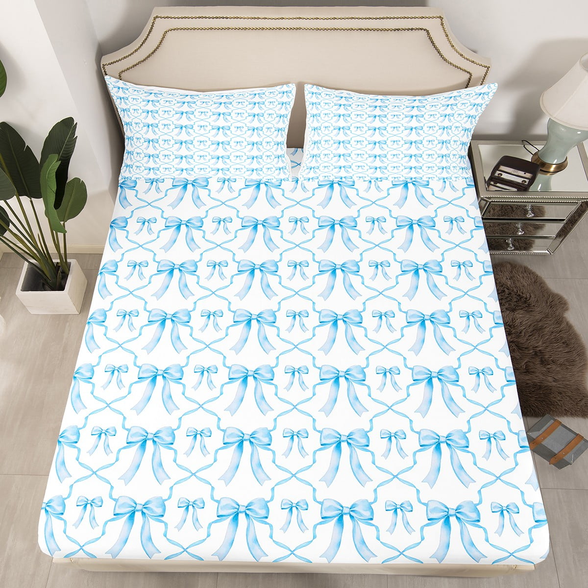 Blue White Bow Bedding Set Cute Bowknot Twin Fitted Sheet 2 Piece ...