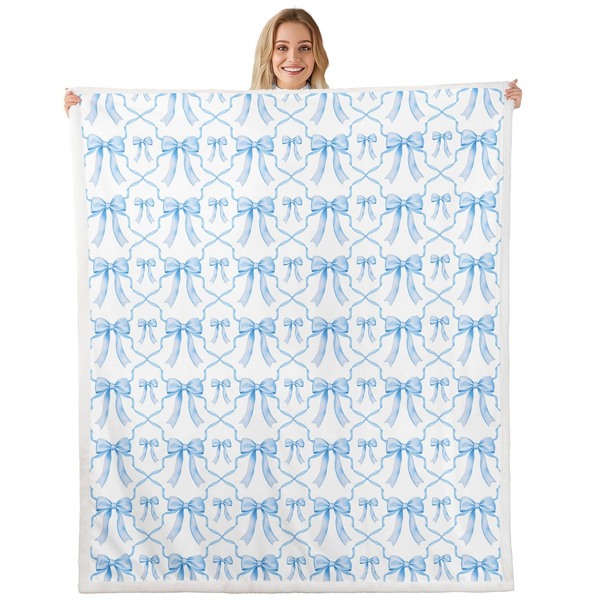 Blue White Bow Fleece Blanket Cute Bowknot Twin 60"X80" Throw Blanket ...