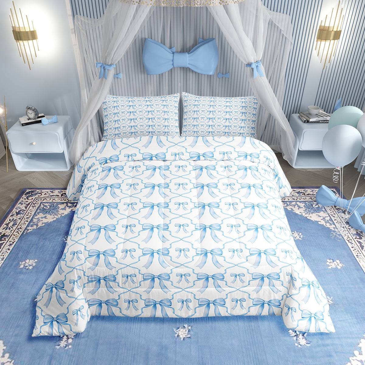 Blue White Bow Bedding Set Cute Bowknot Comforter Sets 2 Piece ...