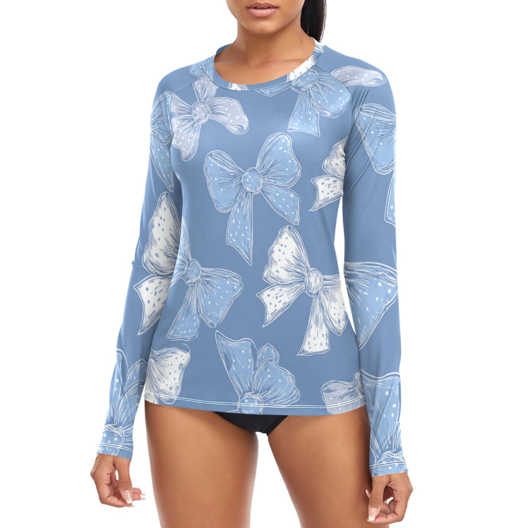 Blue White Bows with Polka Dots Women's Rash Guard Shirts UPF 50+ Sun ...