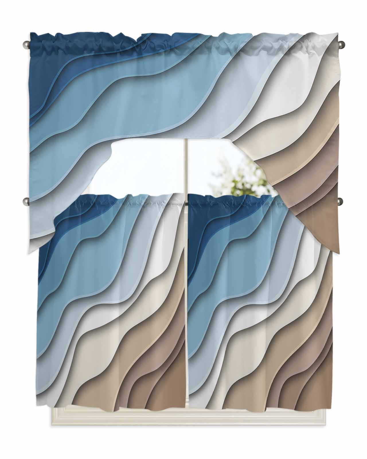 Blue White Brown, Kitchen Curtains Swag Valance and Tier Curtains Set ...