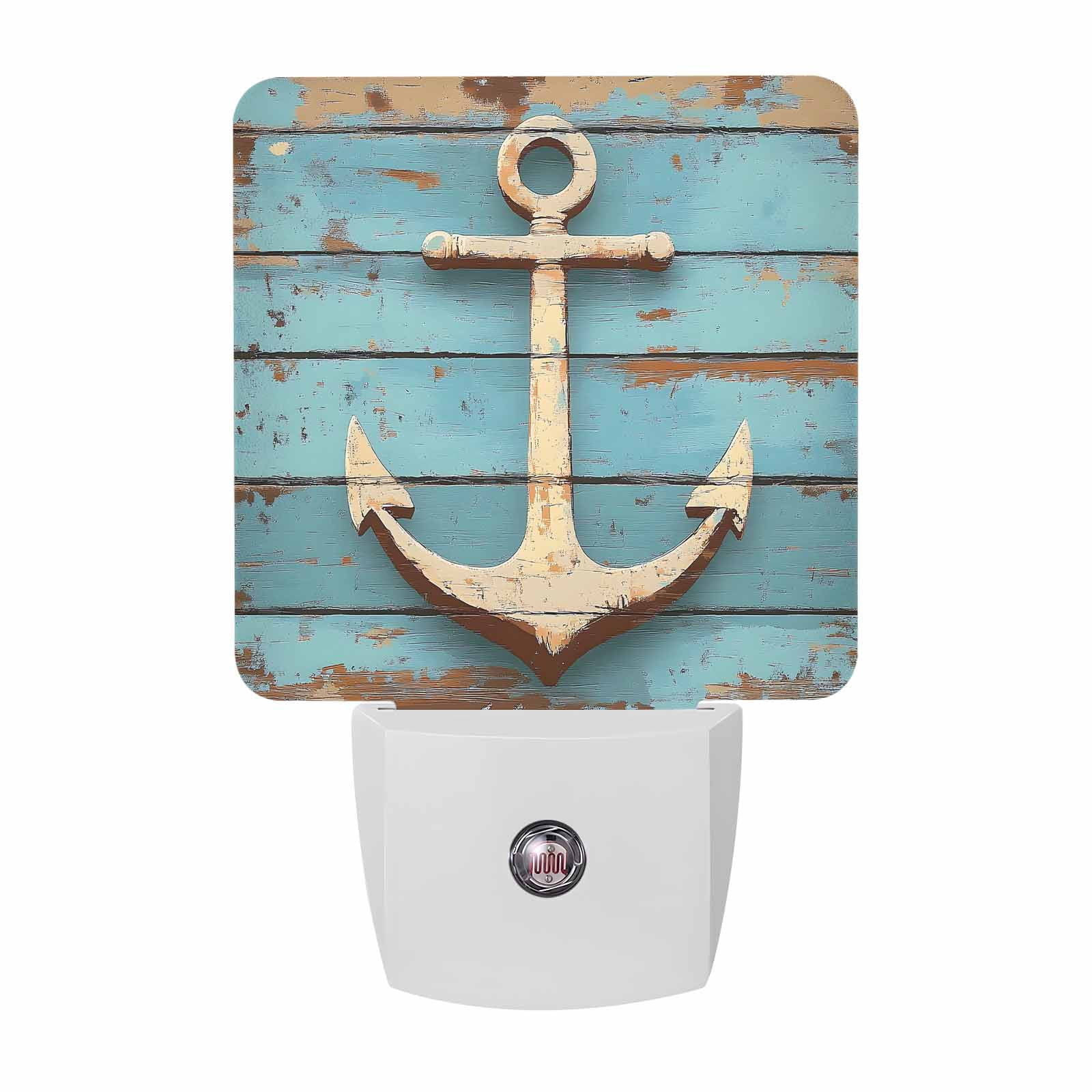 Blue White Brown Nautical Anchor Plug-in LED Night Lights Vintage Wood ...