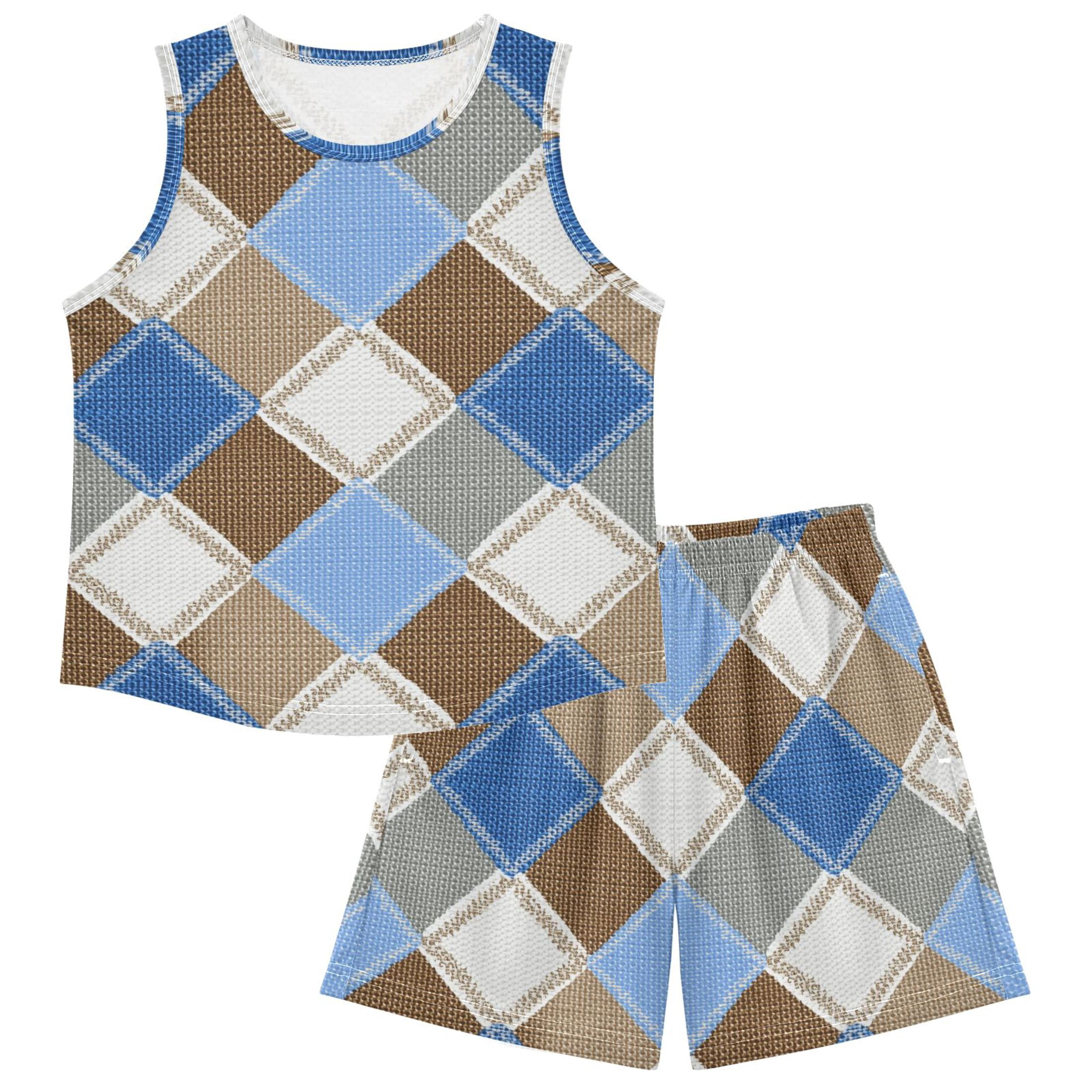 Blue White Brown Plaids Square Pajamas Set Sleeveless Sleepwear Tank ...