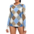 Blue White Brown Plaids Square Women's Rash Guard Shirts UPF 50+ Sun ...