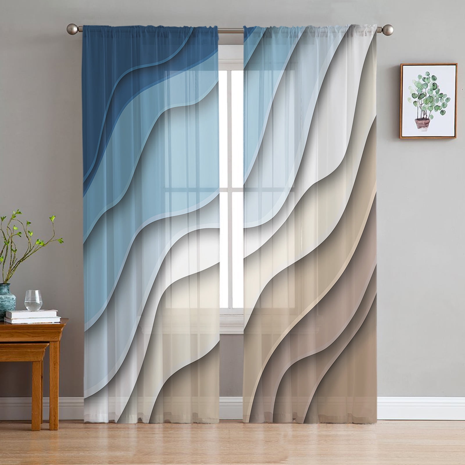 Blue White Brown Semi Sheer Curtains 96 Inch Length 2 Panels Set ...