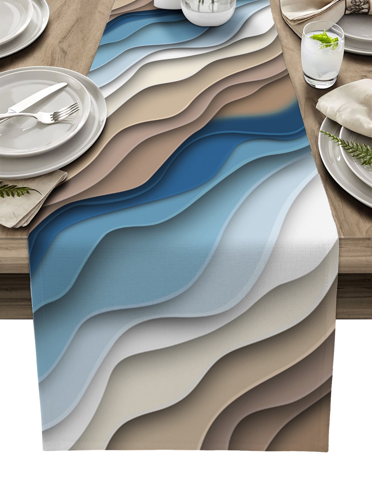 Blue White Brown, Table Runner Abstract Modern Ocean Seawaves Geometric ...