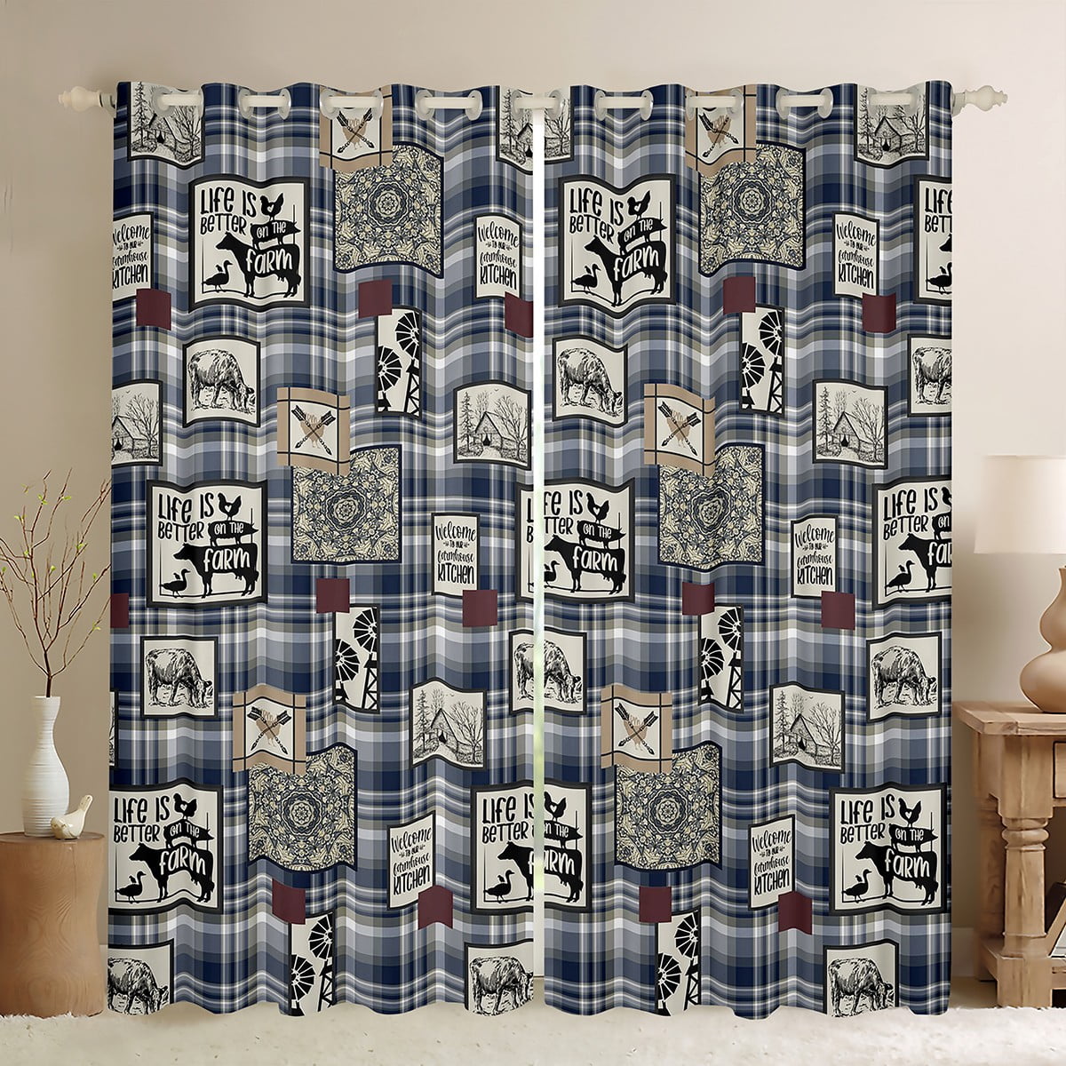 Blue And White Buffalo Grid Curtains Farm Animals Blackout Curtains for ...