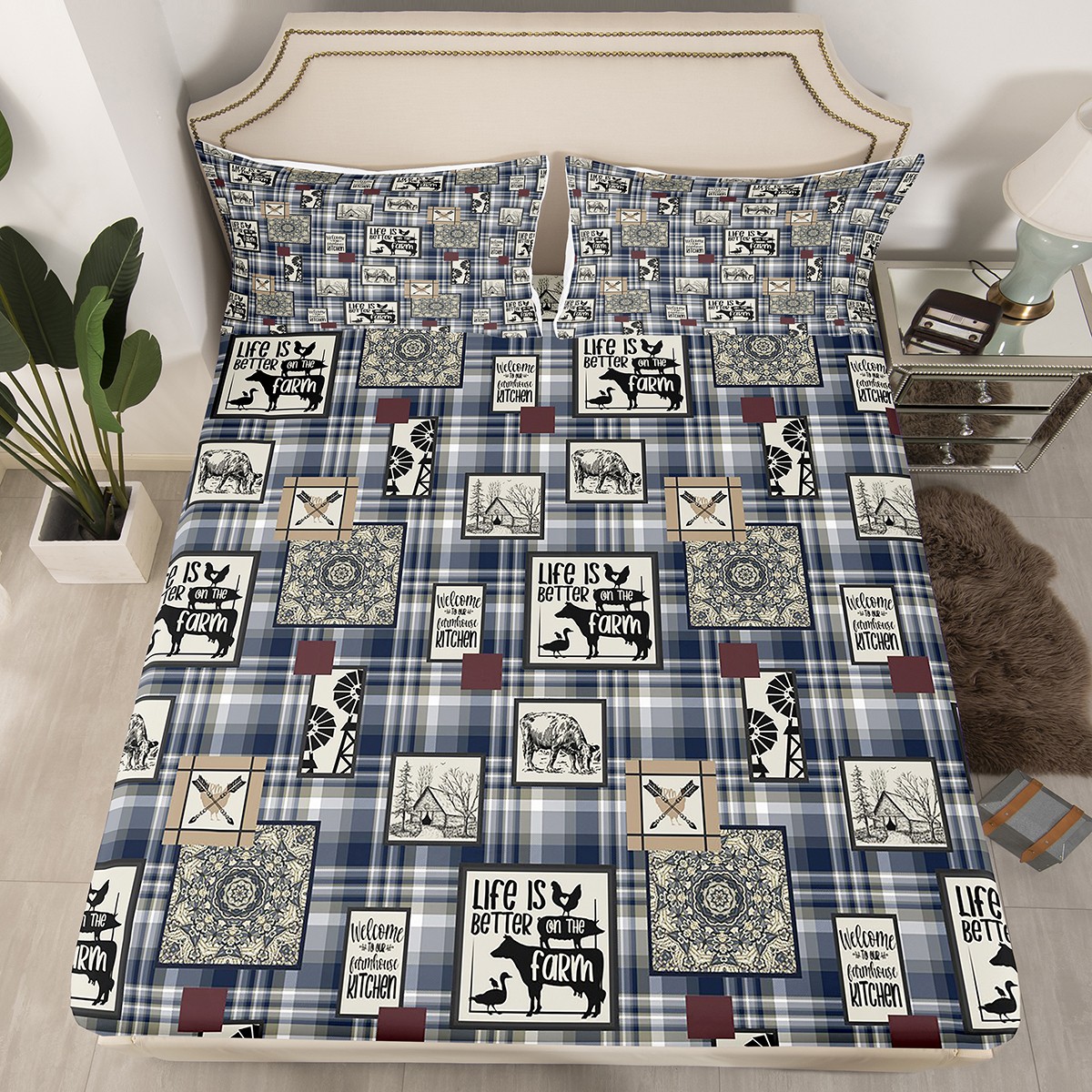 Blue And White Buffalo Grid Fitted Sheet Twin Farm Animals Bed Sheets Teens Floral Pattern ...