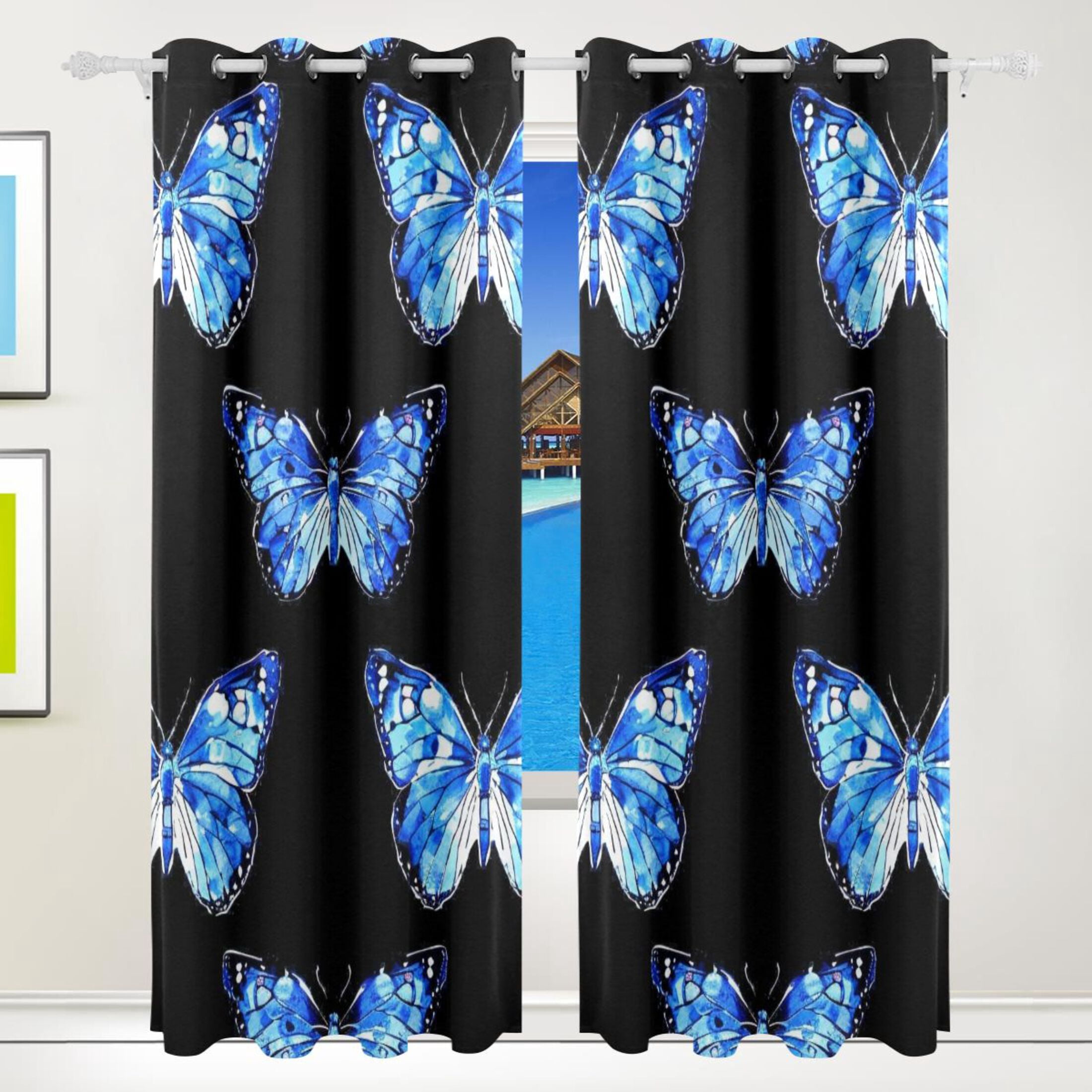 Blue White Butterflies Blackout Curtains 84 inch Length 2 Panels ...