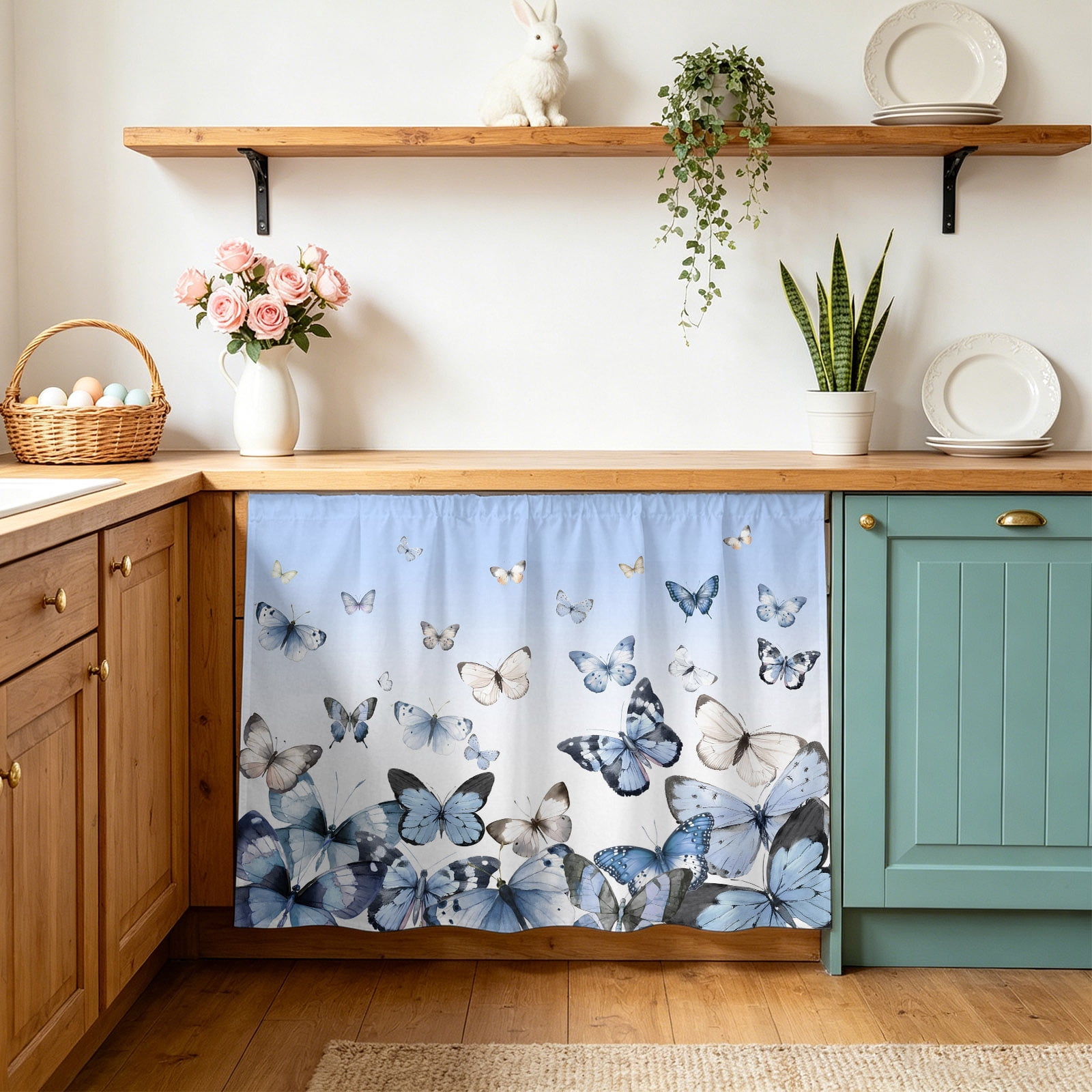 Blue White Butterflies Cabinet Curtains 10" W x 11" L Pastoral Style ...