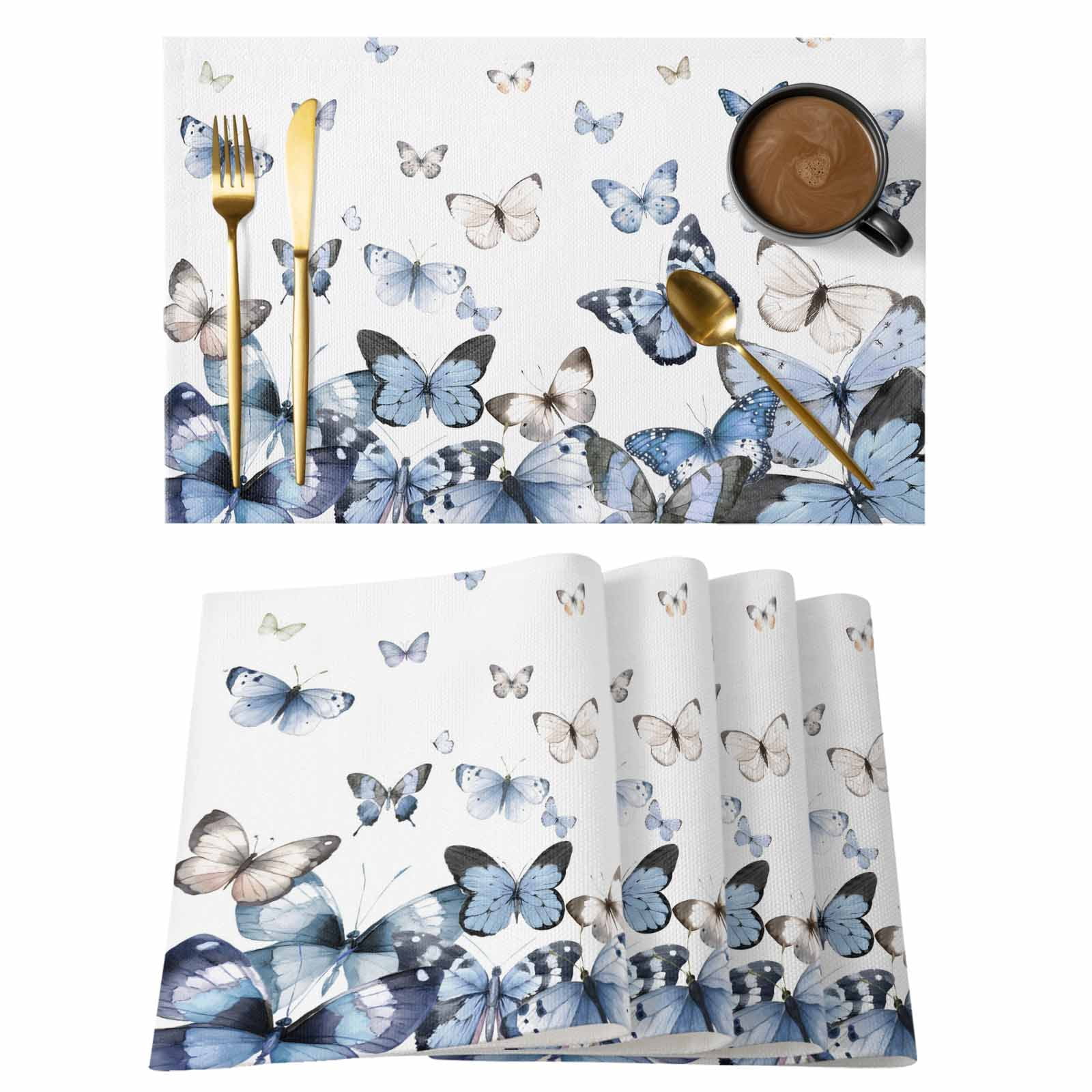 Blue White Butterflies Cotton Linen Placemats Set of 12, Pastoral Style ...