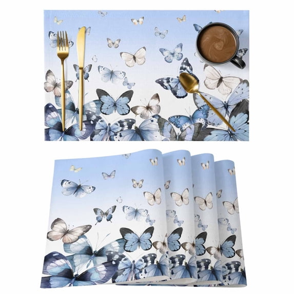 Blue White Butterflies Cotton Linen Placemats Set of 2, Pastoral Style ...