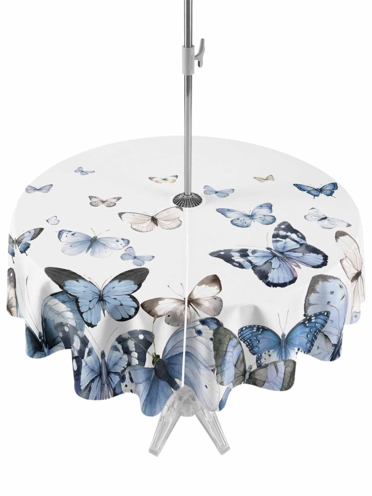 Blue White Butterflies Round Outdoor Tablecloth with Umbrella Hole ...