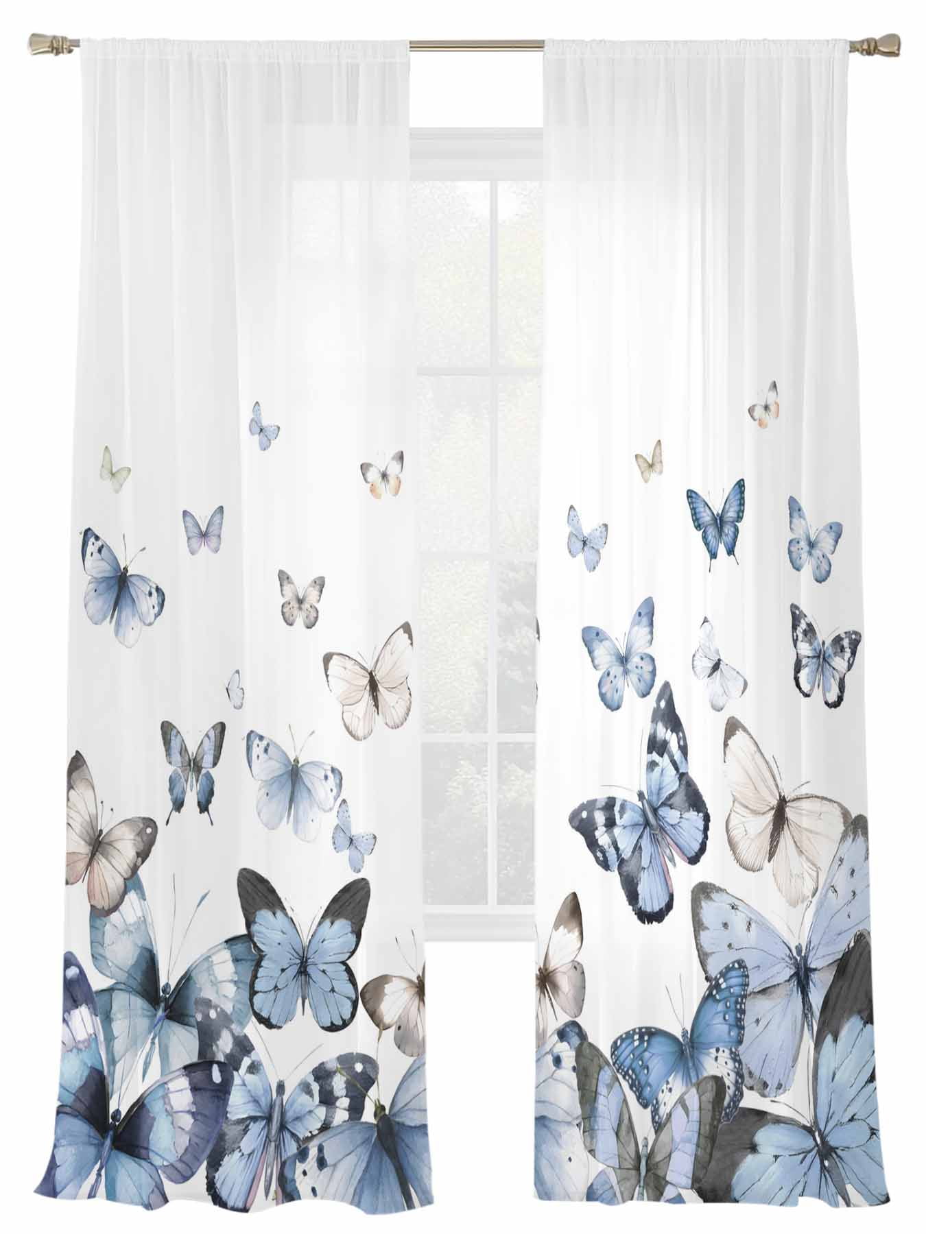 Blue White Butterflies Sheer Curtains for Living Room Bedroom, Pastoral ...