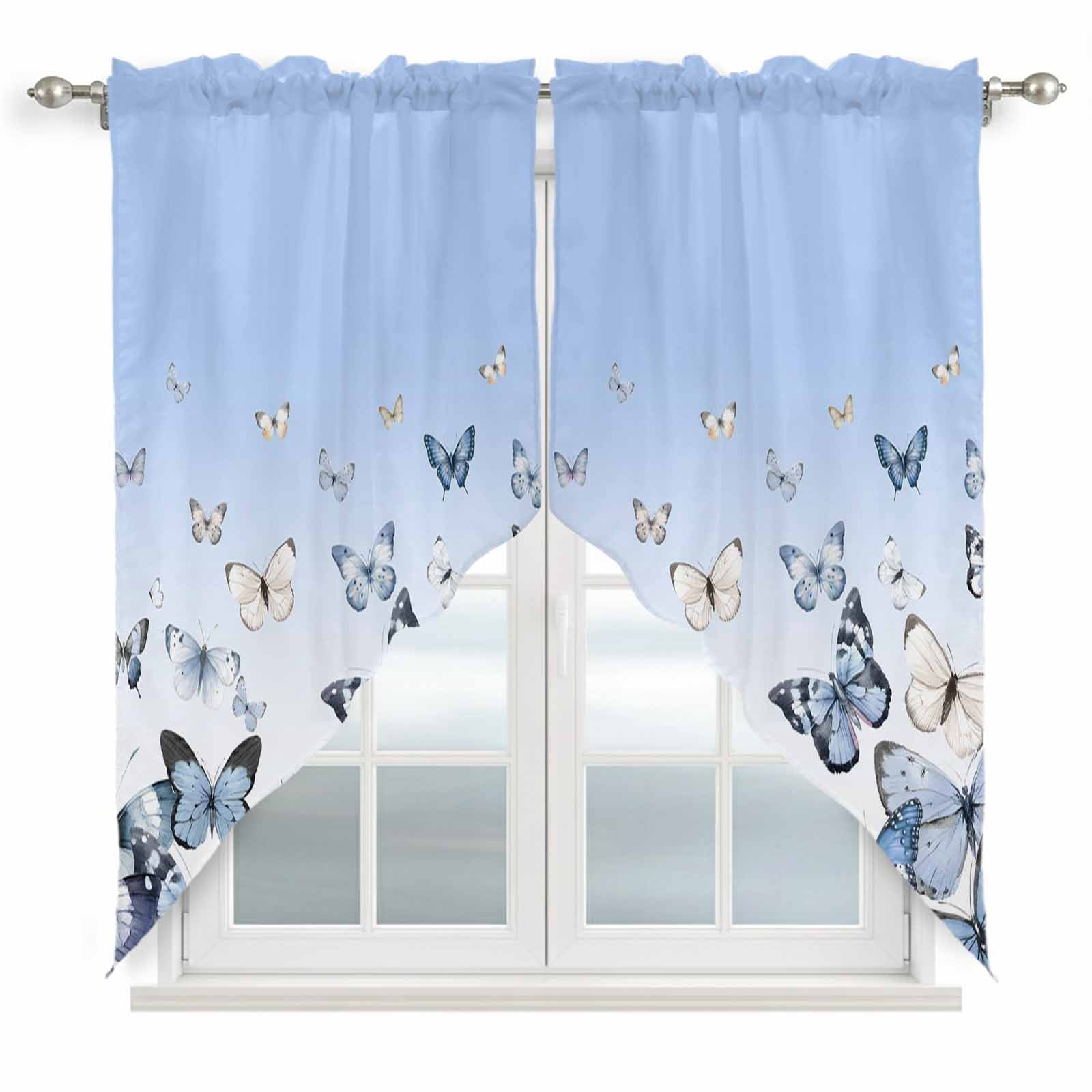 Blue White Butterflies Swag Curtain Valance for Window 2 Panels ...
