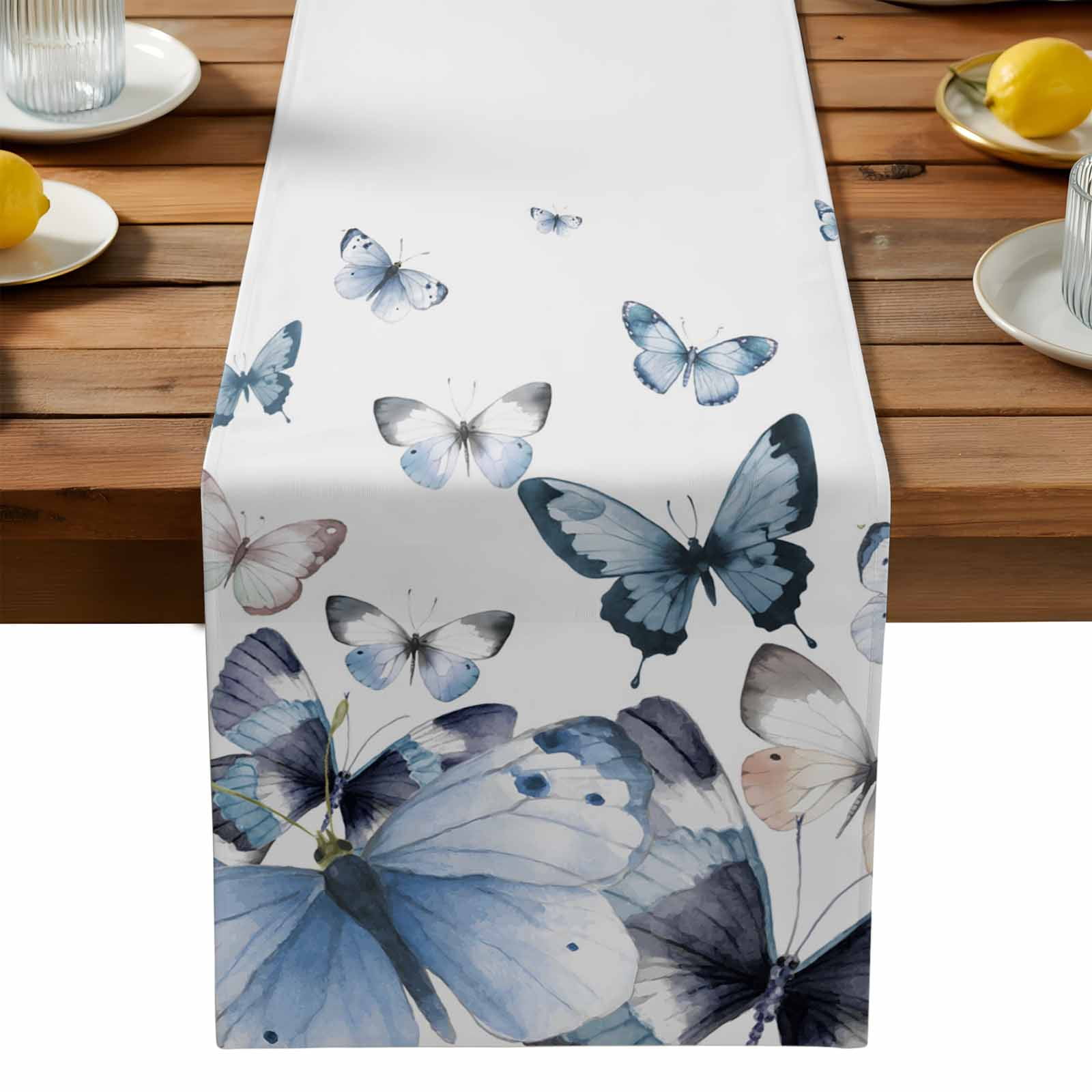 Blue White Butterflies Table Runner, Pastoral Style Flying Animals ...