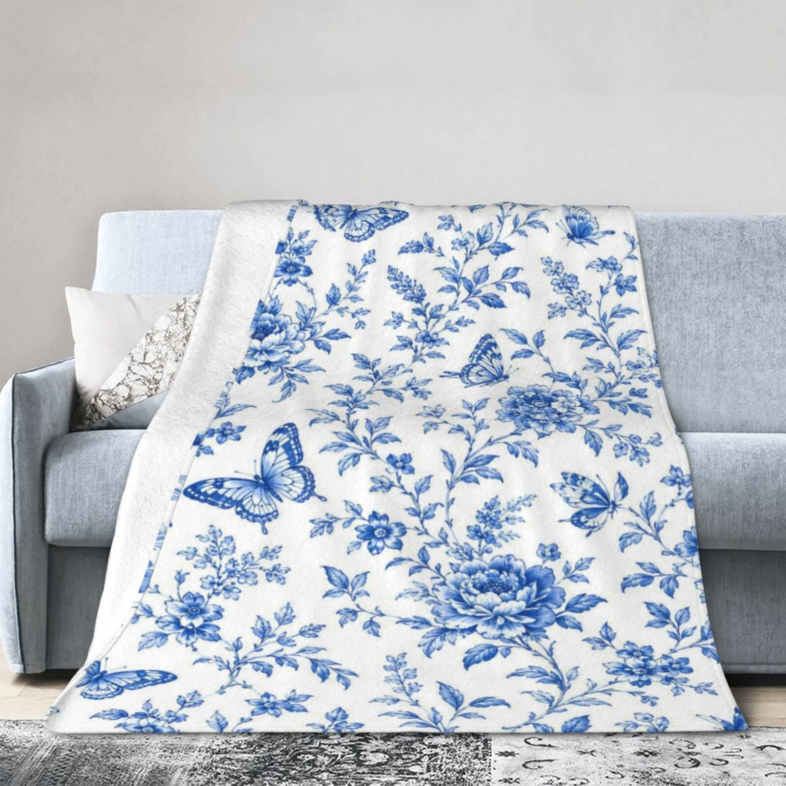 Blue White Butterfly Floral Blanket Gift Throw Blanket Vintage Toile ...