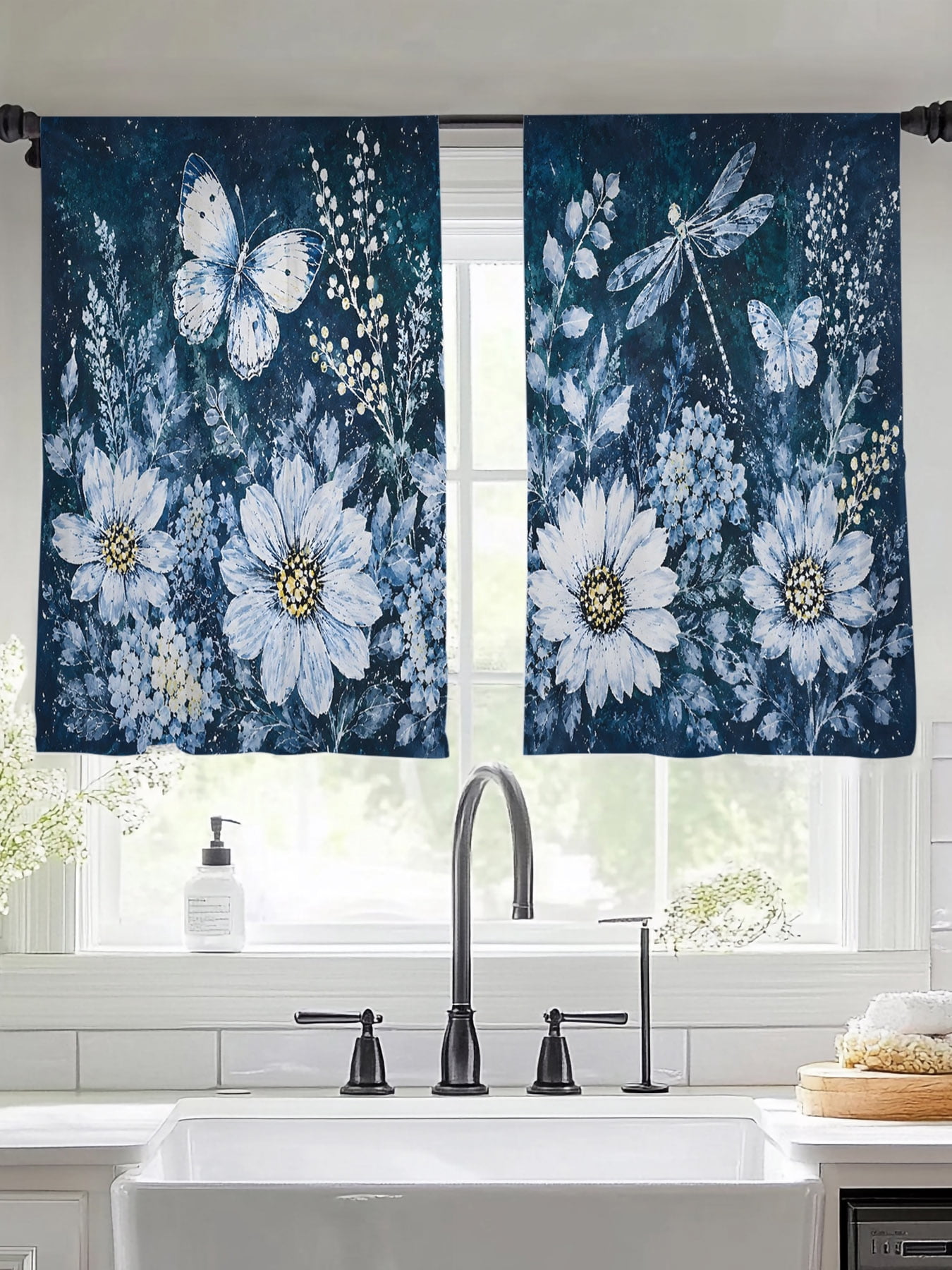 Blue White Butterfly Sheer Curtains 45 inches Long, Dragonfly Blue ...