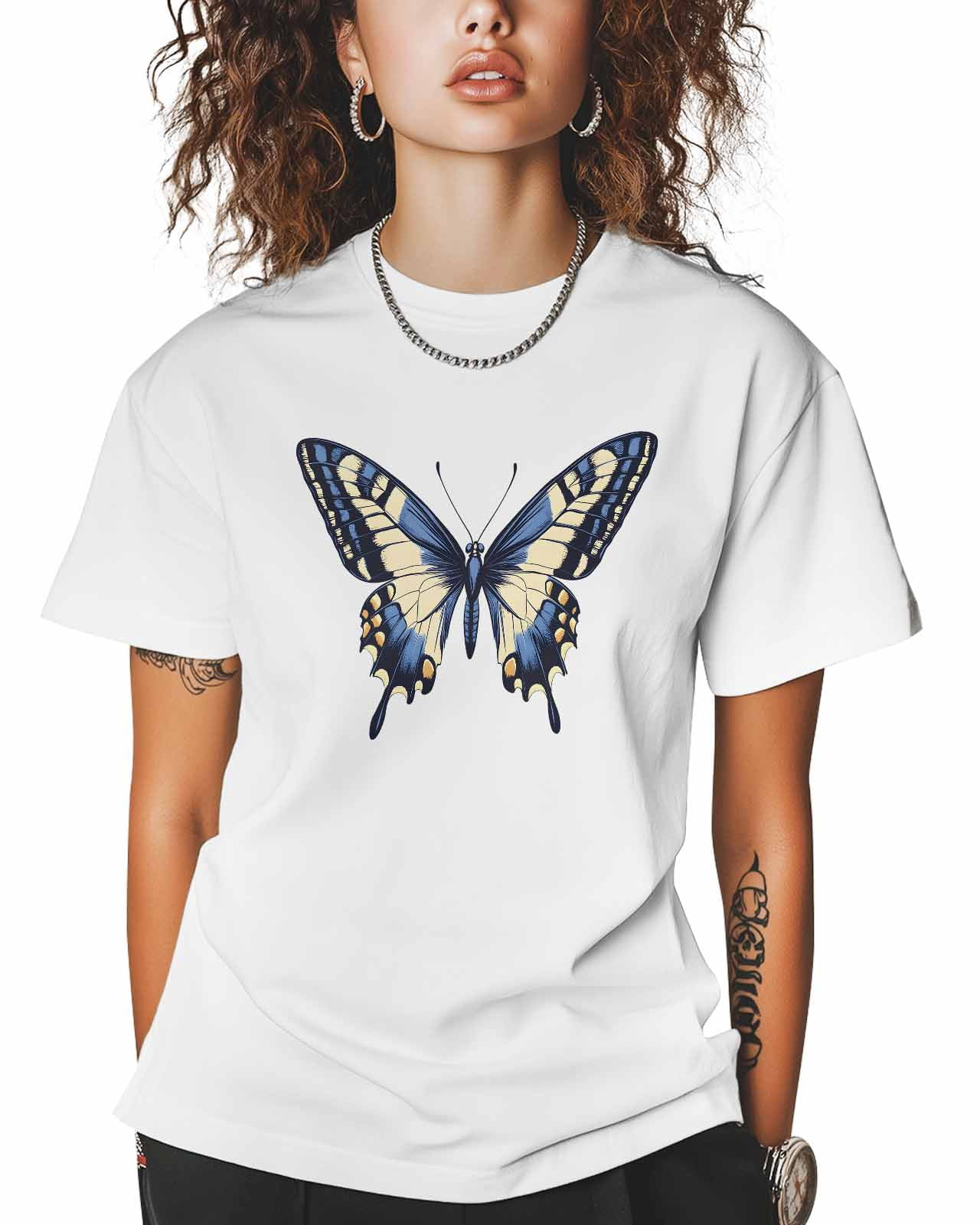 Blue White Butterfly T Shirts for Women Short Sleeve Cotton Crewneck T ...
