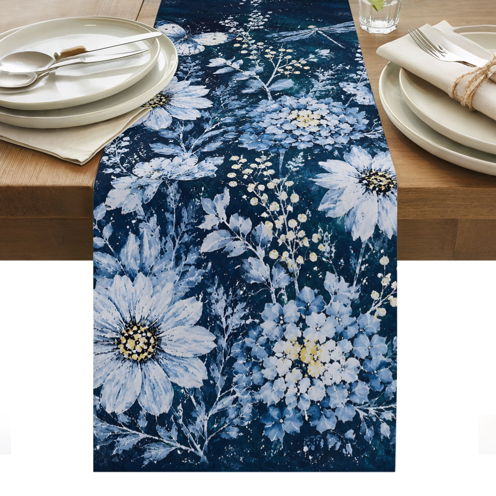 Blue White Butterfly Table Runner, Dragonfly Blue Chrysanthemums Floral ...