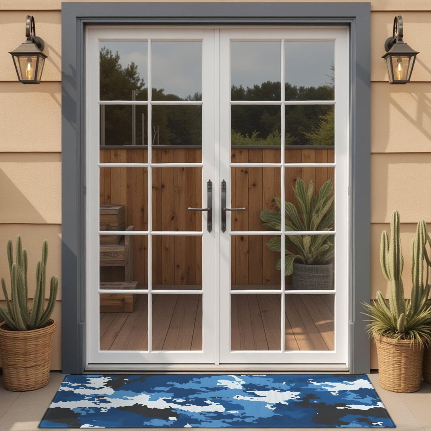 Blue White Camo Digital Shapes Pattern Door Rugs,Washable Non Slip Door ...