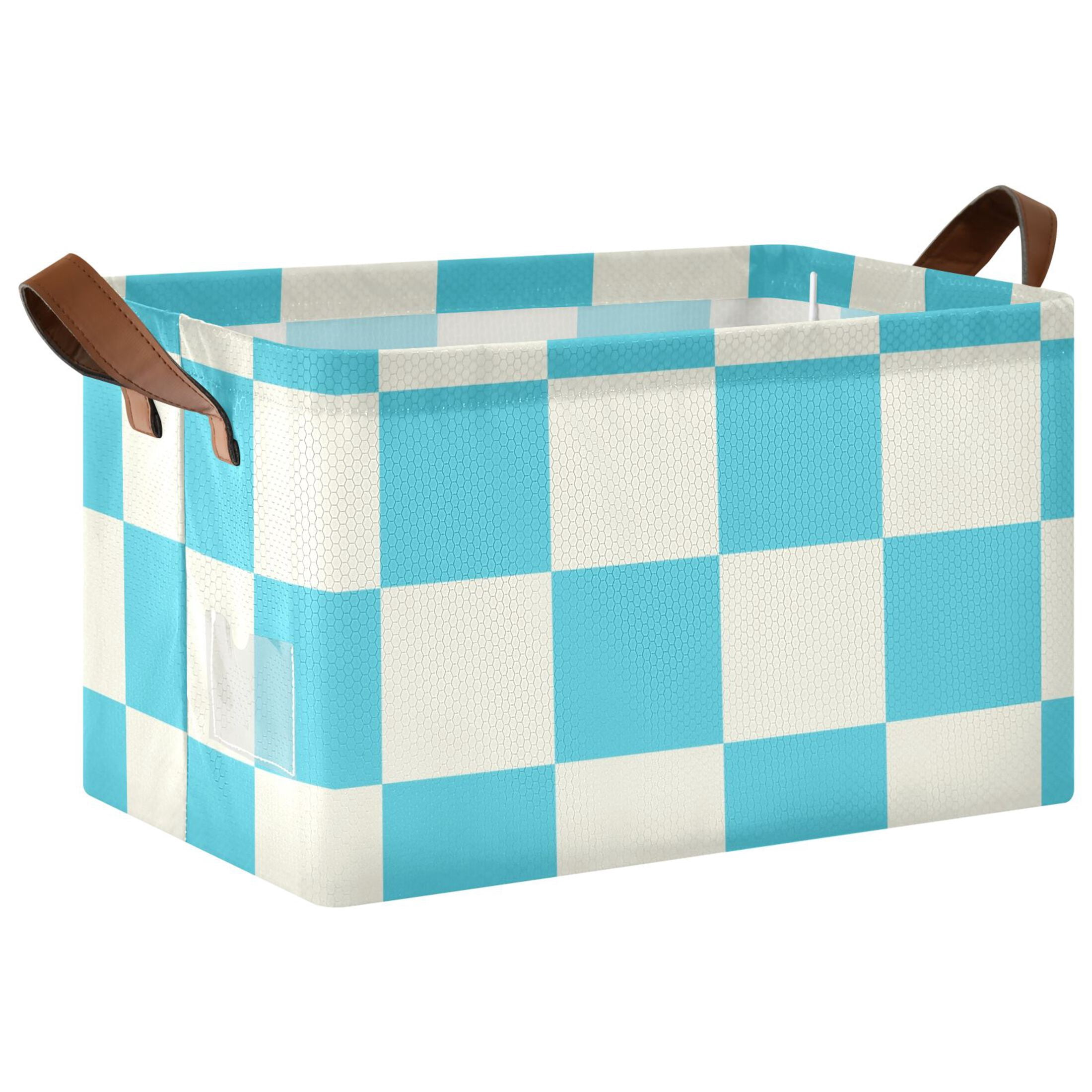 Blue White Checked Pattern Collapsible Storage Bin Open Home Shelf ...