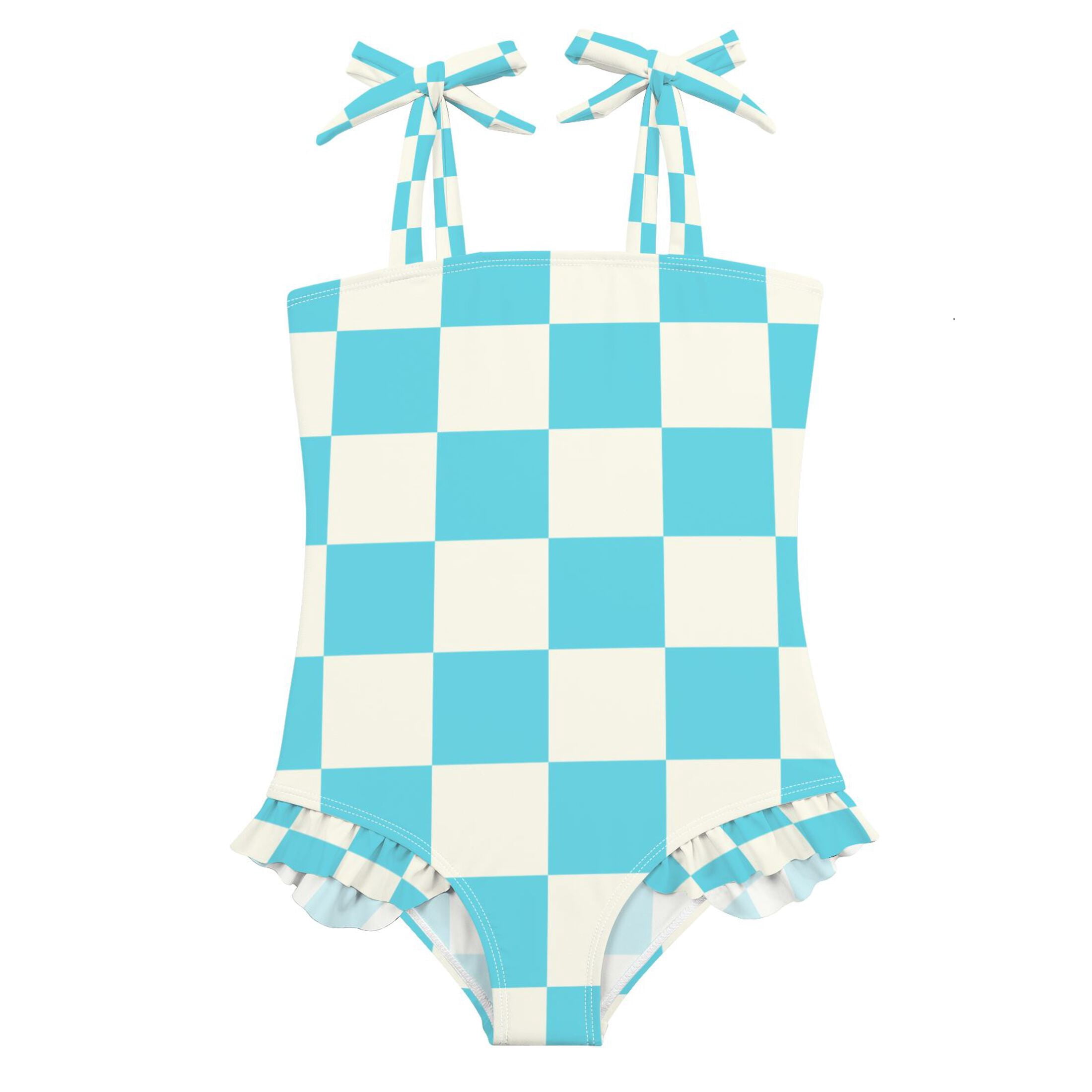Blue White Checked Pattern Girls' One-Piece Swimsuit Bowknot Tie ...
