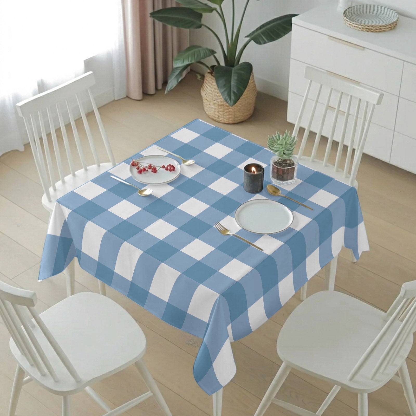 Blue White Checker Plaid Table Cloth 54x54in, Waterproof Square ...