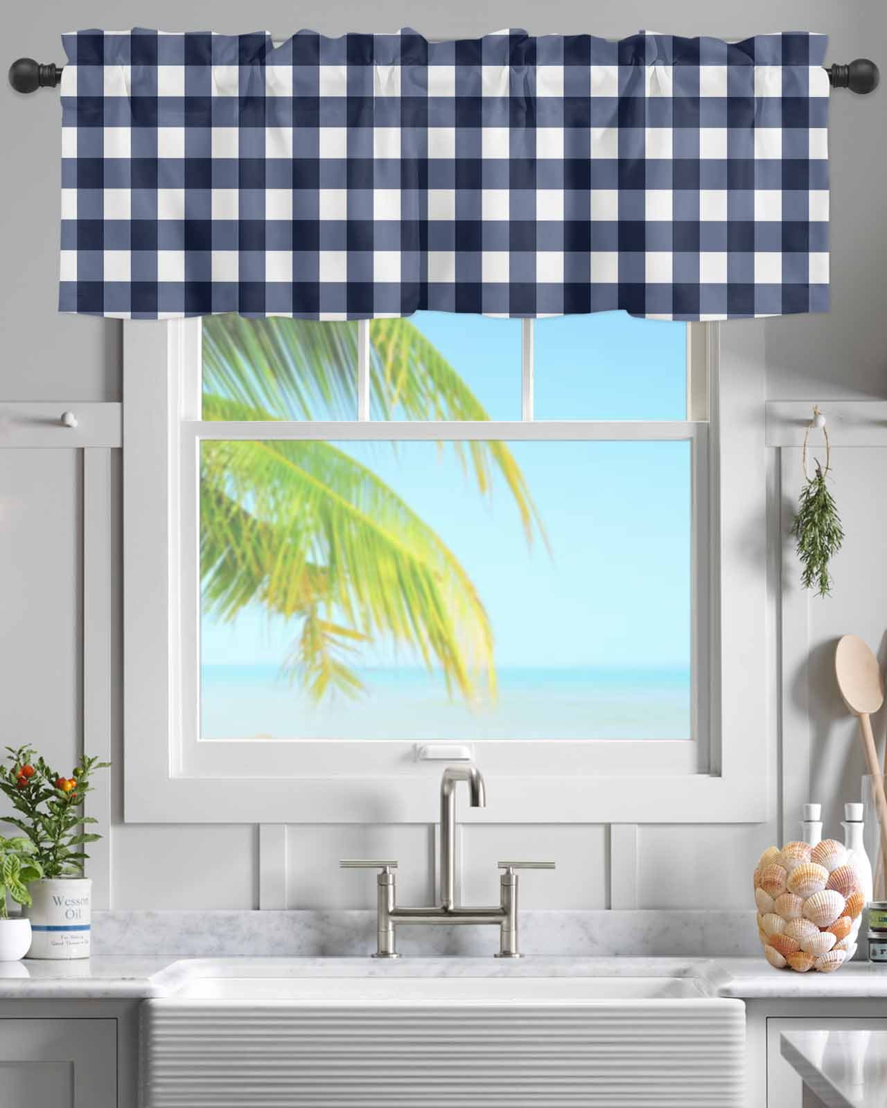 Blue and White Checkerboard Curtain Valances for Kitchen Windows,Rod ...