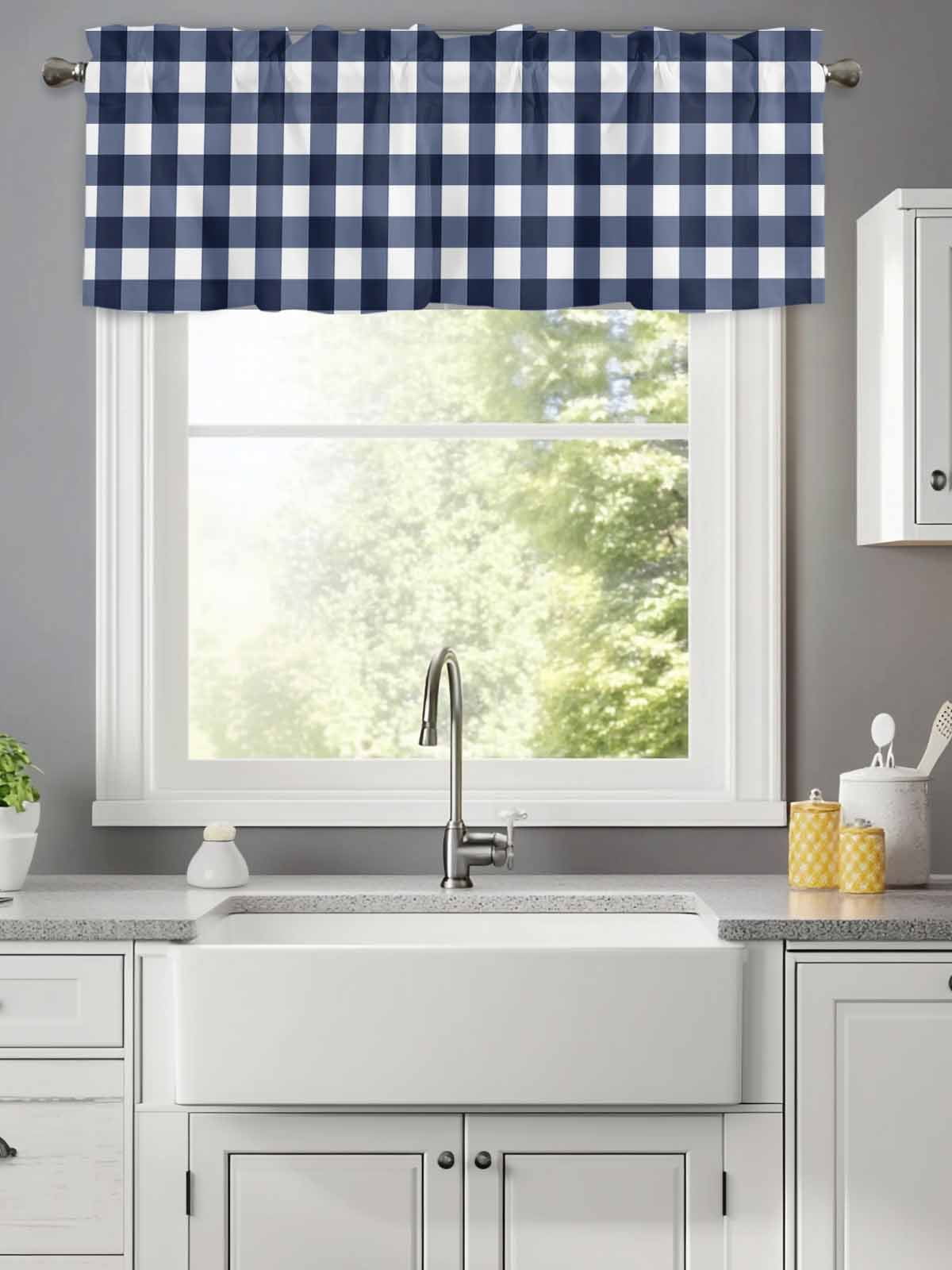 Blue and White Checkerboard Valances for Windows,Kitchen Valance Rod ...