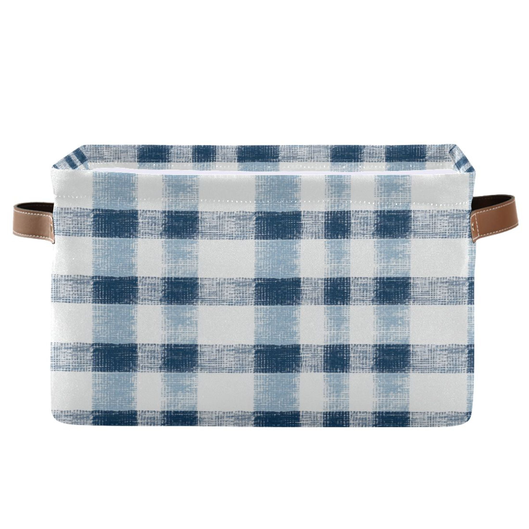 Blue and White Checkered Foldable Storage Basket,Canvas Fabric Foldable ...