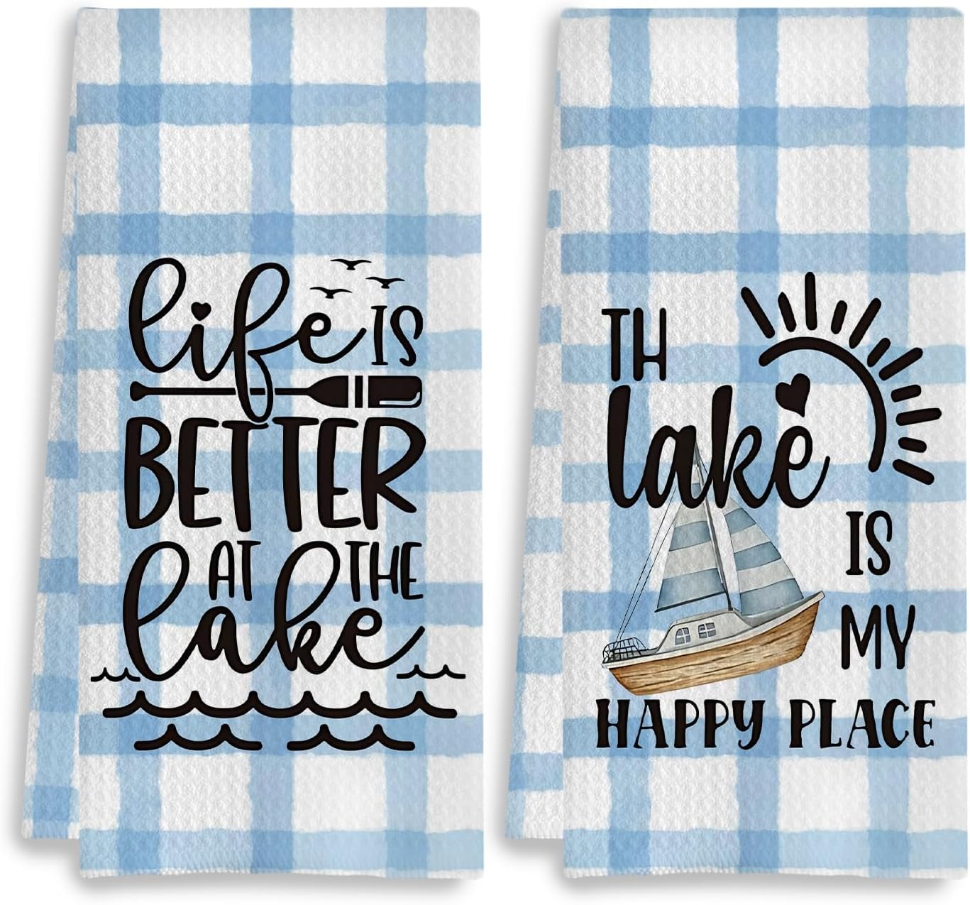 Blue White Checkered Lake Kitchen Towels Set of 2, Lake House Decor ...