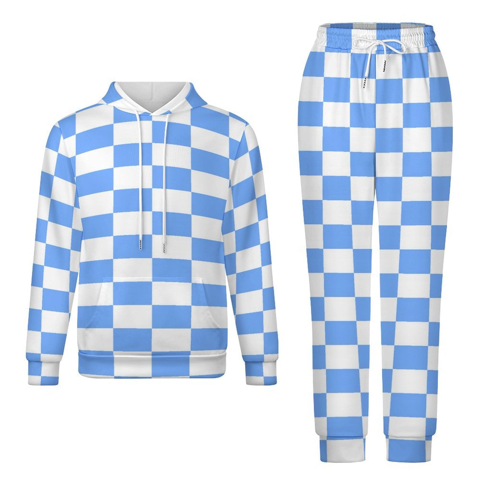 Blue White Checkered Pattern Hoodie Pant Suits Men Women Hooded ...