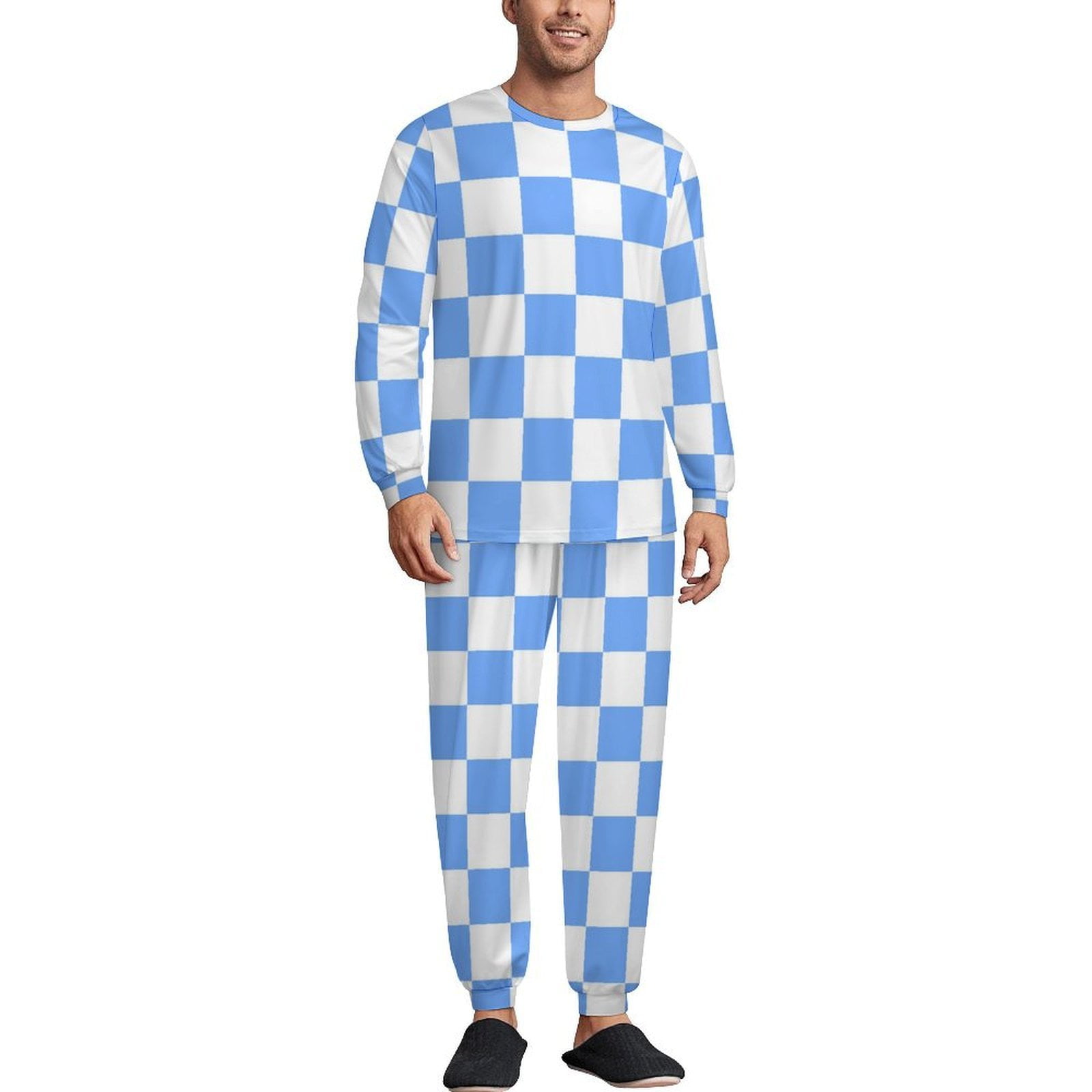 Blue White Checkered Pattern Pajamas Men Long Sleeves Pajama Sets 2 ...