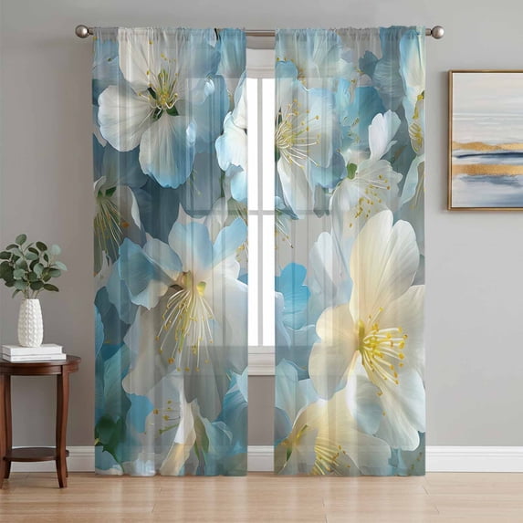 Blue White Cherry Blossom Semi Sheer Curtains 72 Inch Length 2 Panels ...
