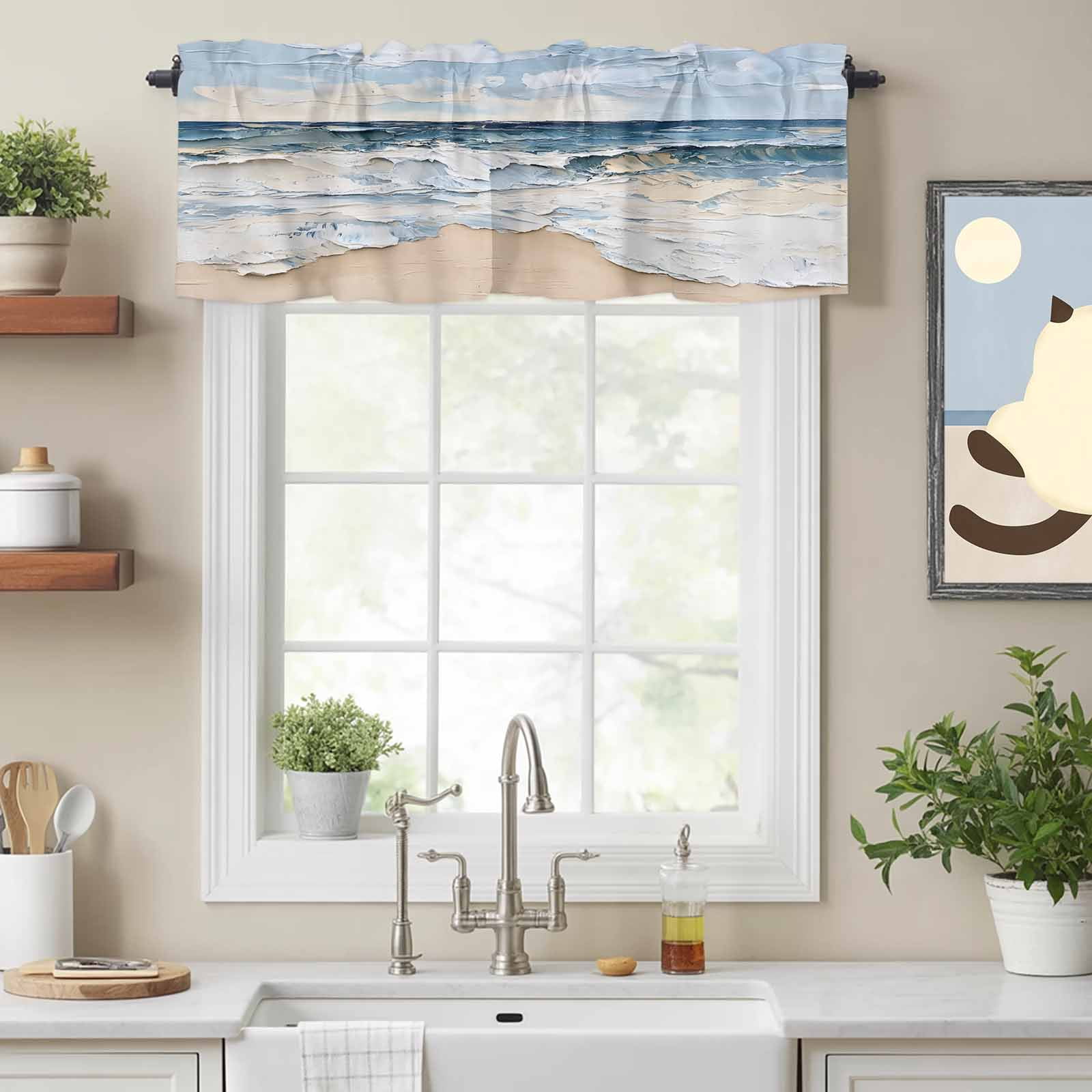 Blue White Coastal Beach Waves Valances for Windows,Kitchen Valance Rod ...