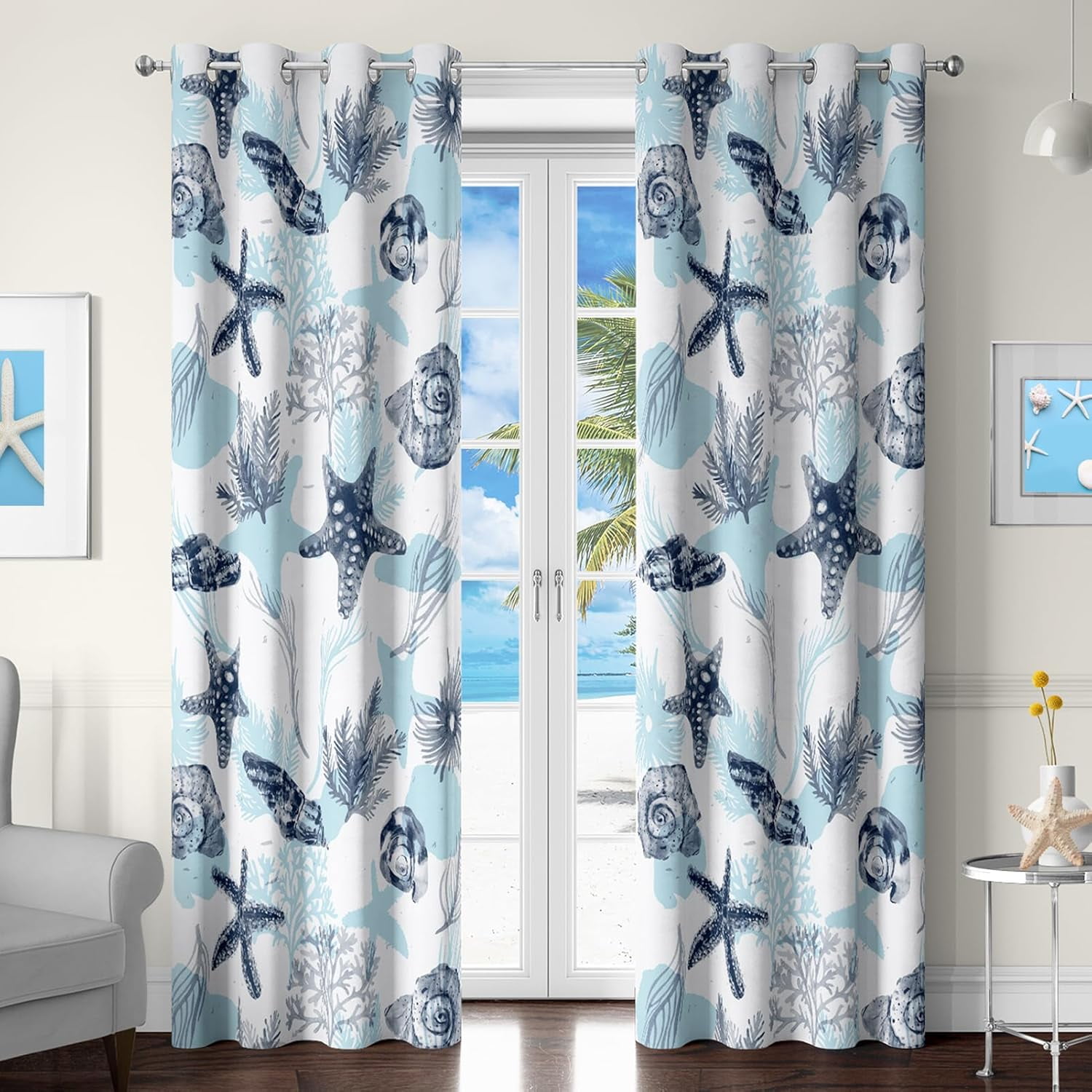 Blue and White Coastal Nautical Curtains with Beach Sea Starfish ...