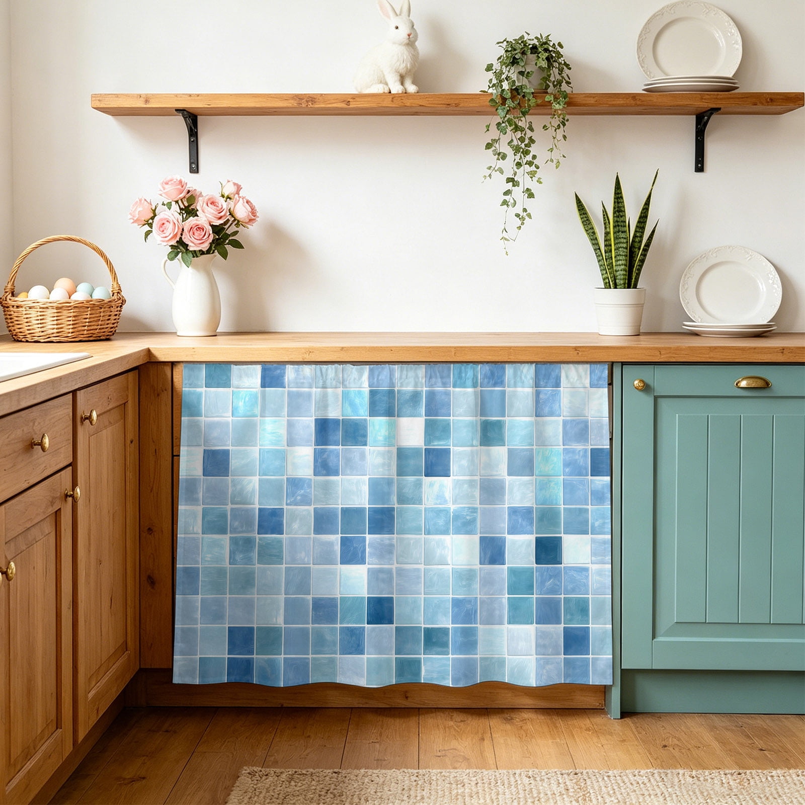 Blue White Color Block Cabinet Curtains 10" W x 11" L Summer Watercolor ...