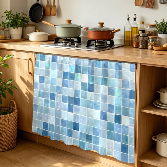 Blue White Color Block Cabinet Curtains 35" W x 35" L Summer Watercolor ...