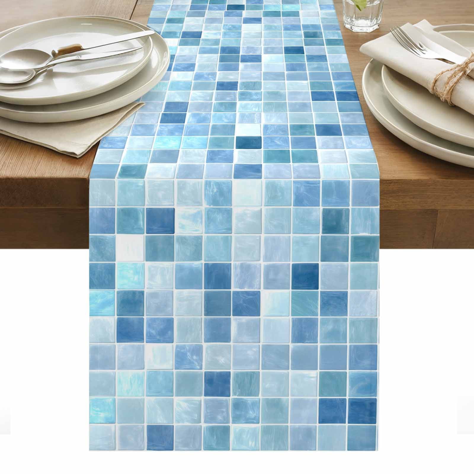 Blue White Color Block Cotton Linen Table Runner Summer Watercolor ...