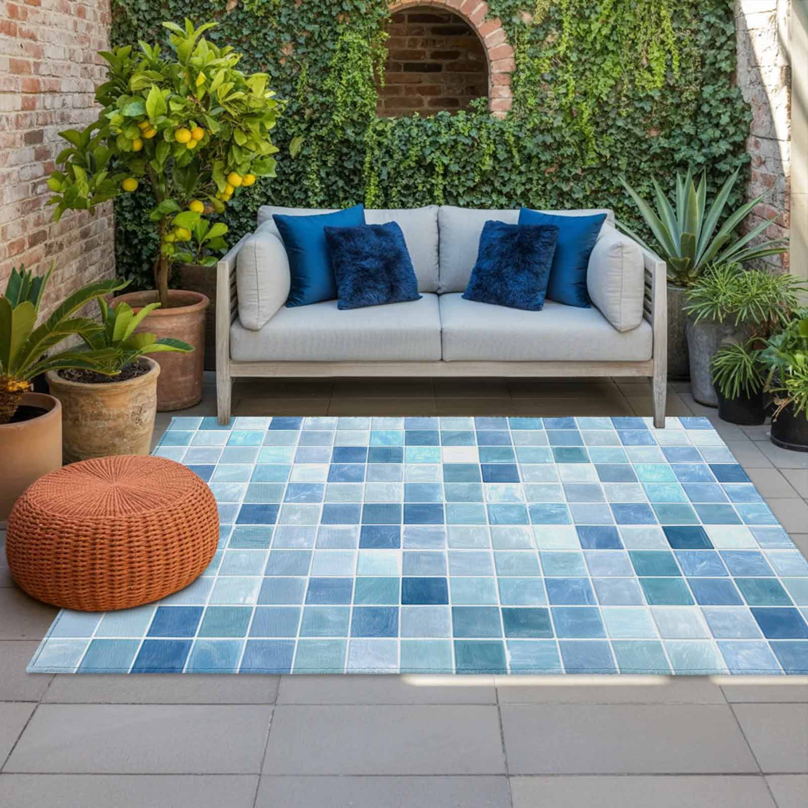 Blue White Color Block Indoor Outdoor Rugs 4x6 Ft, Summer Watercolor ...