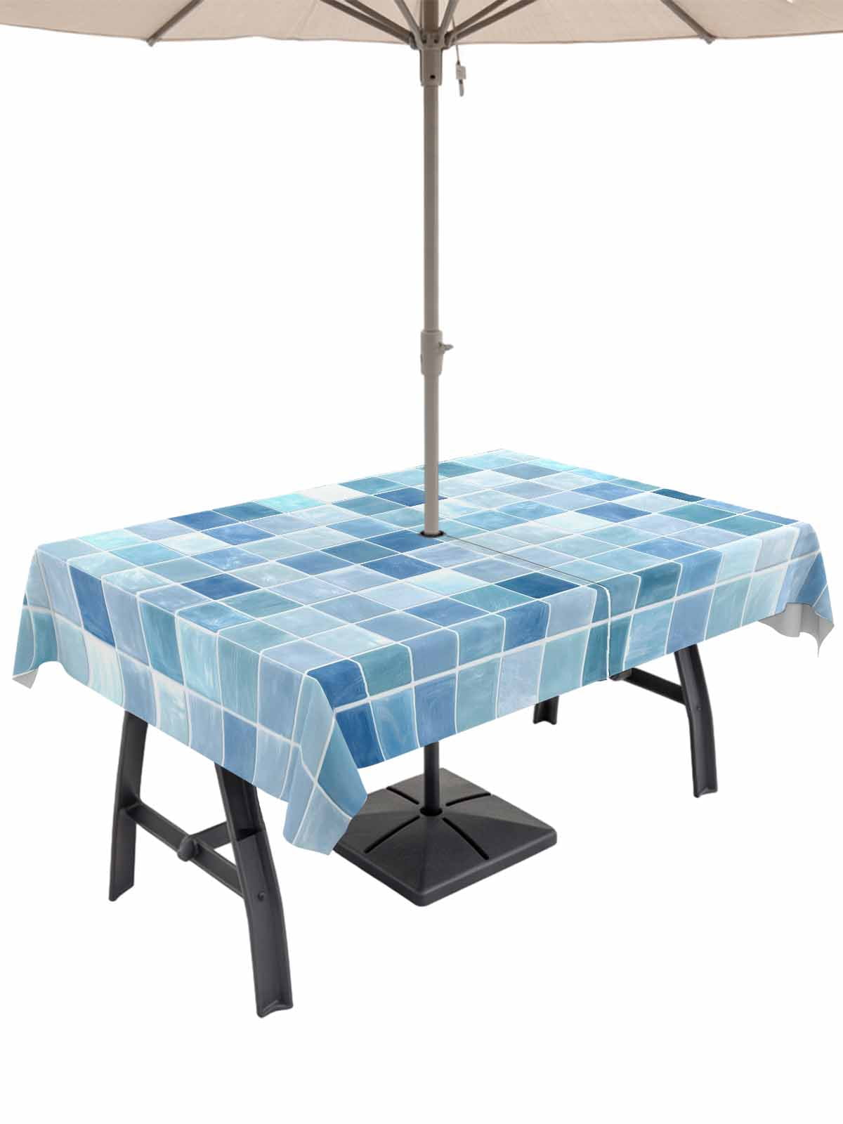 Blue White Color Block Rectangle Outdoor Tablecloth with Umbrella Hole ...