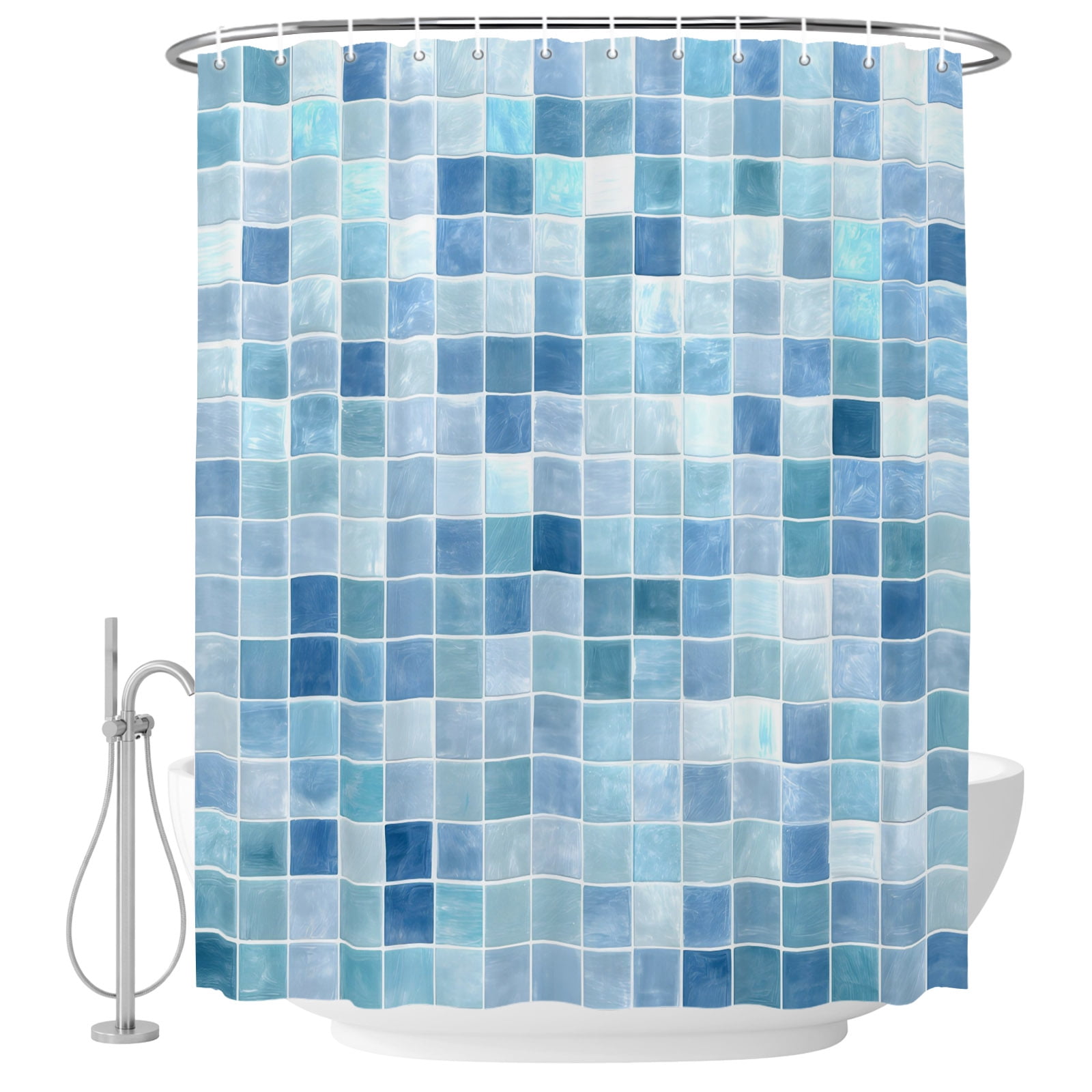 Blue White Color Block Shower Curtain for Bathroom, Summer Watercolor ...