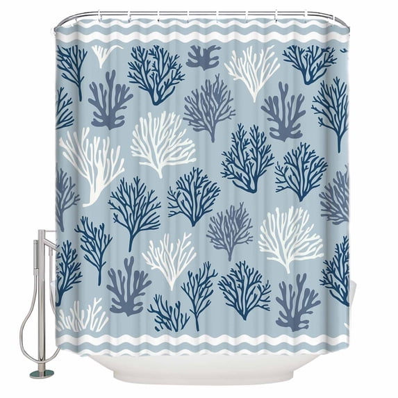Blue White Coral Bathroom Shower Curtains with 12 Hooks Polyester ...