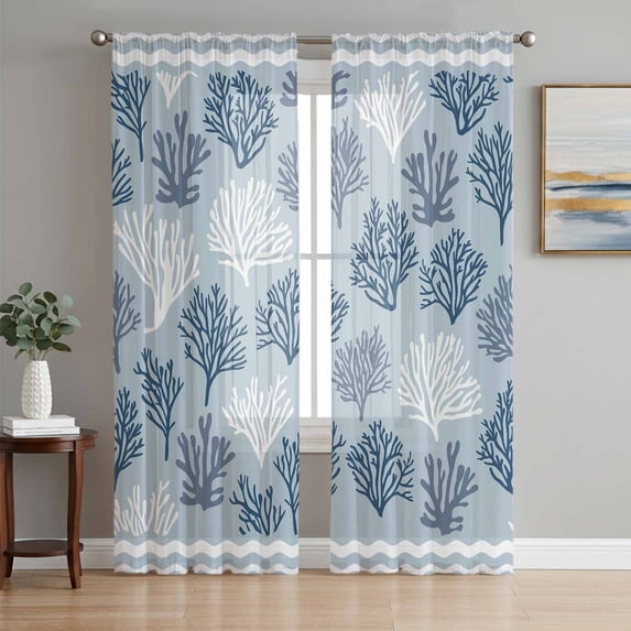 Blue White Coral Sheer Curtains 84 Inch Length 2 Panels Set, Summer ...