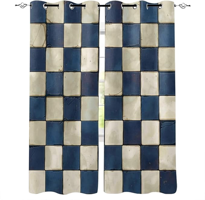 Blue White Cube Blackout Curtains, Ceramic Floor Tiles 3D Printed ...