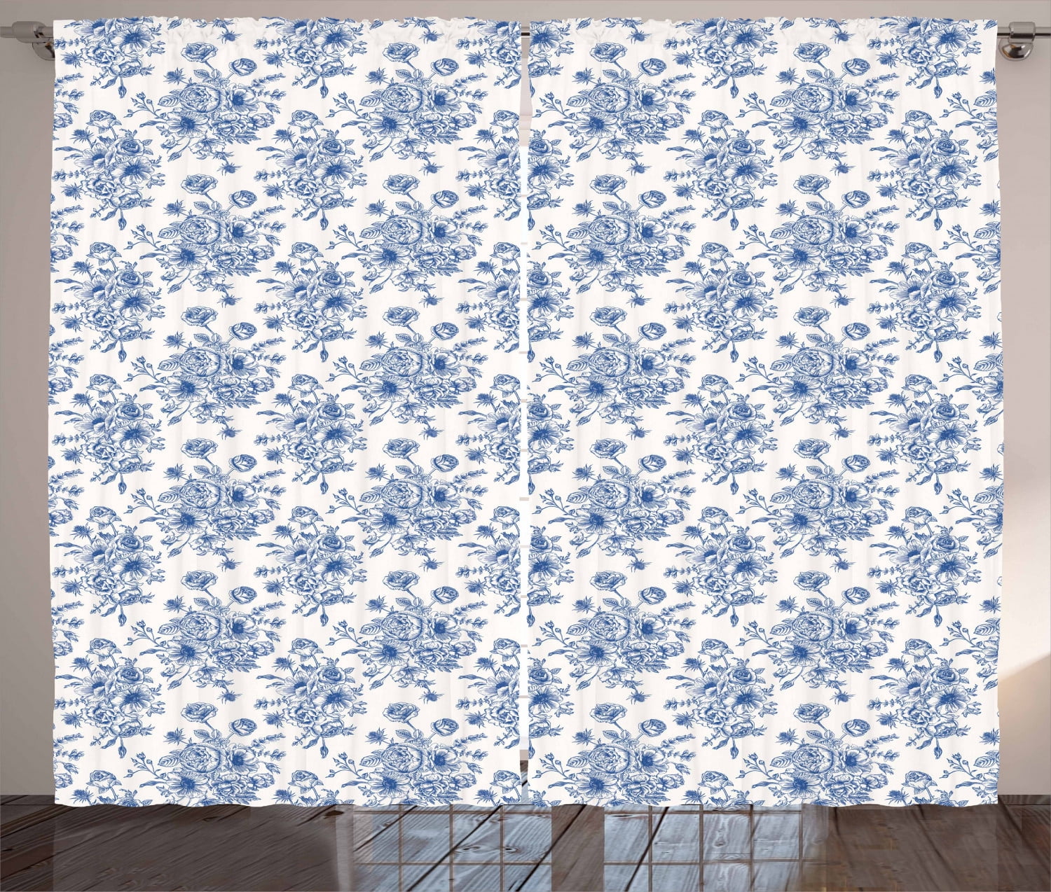 Ambesonne Blue and Ivory Curtains 2 Panel Set, Anemones and Eustoma ...