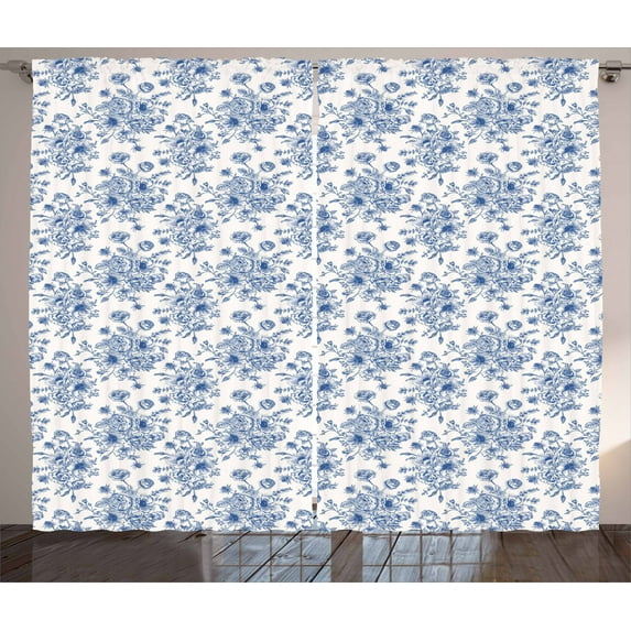 Ambesonne Blue and Ivory Curtains 2 Panel Set, Anemones and Eustoma ...