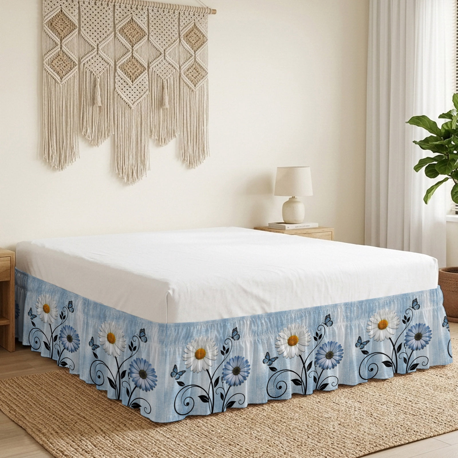 Blue White Daisy Bed Skirt Bed Skirts King Size 18 Inch Drop, Butterfly ...