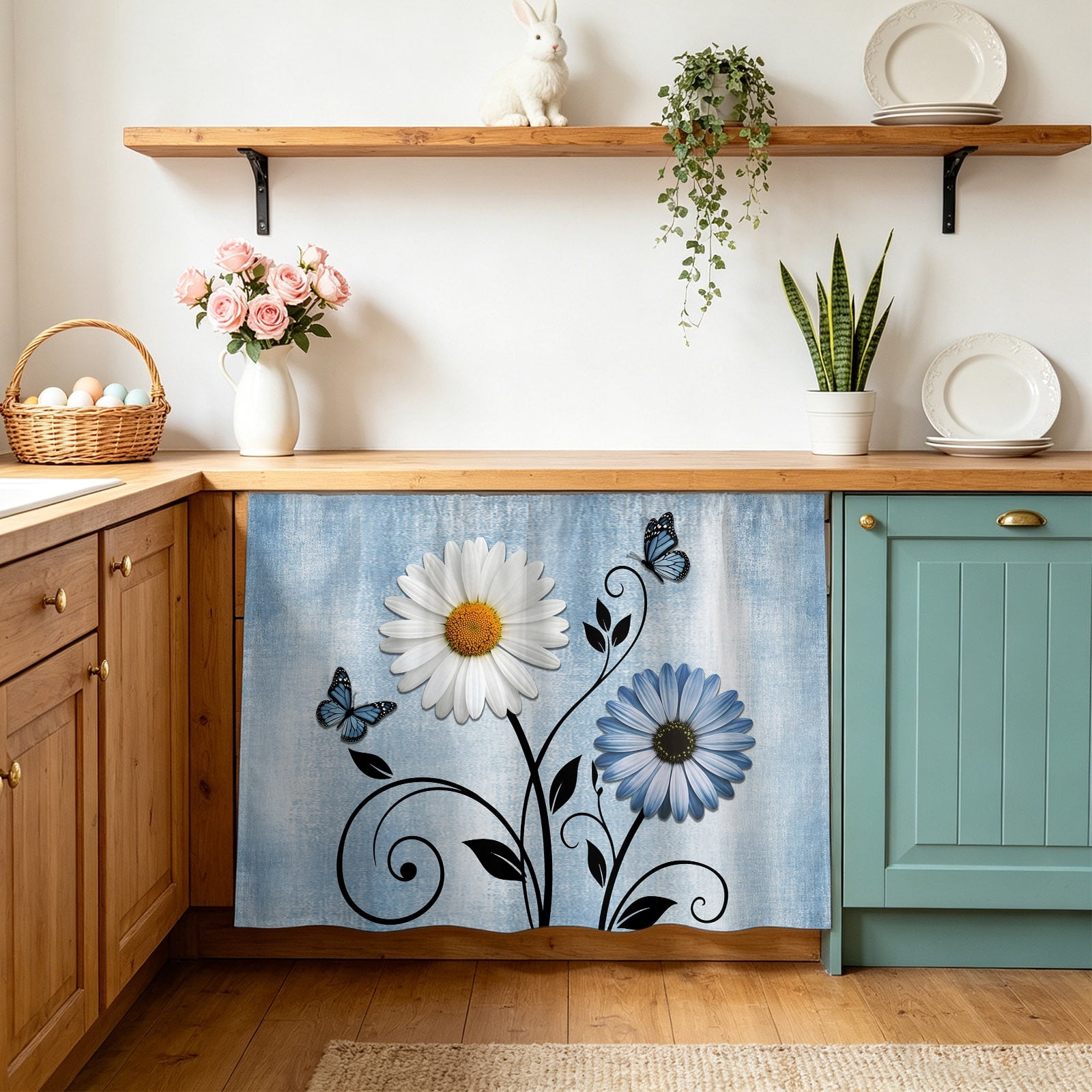 Blue White Daisy Cabinet Curtains 28" W x 35" L Butterfly Leaf Blue ...